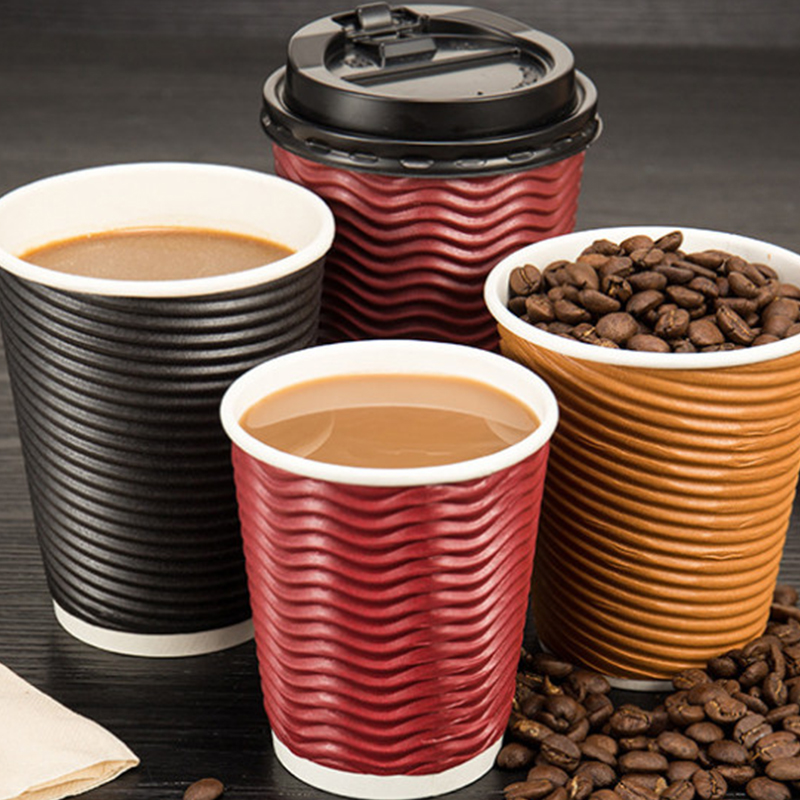 Eco-friendly Vertical Ripple Brown Paper Cup With Ps Lid Kailai Packaging