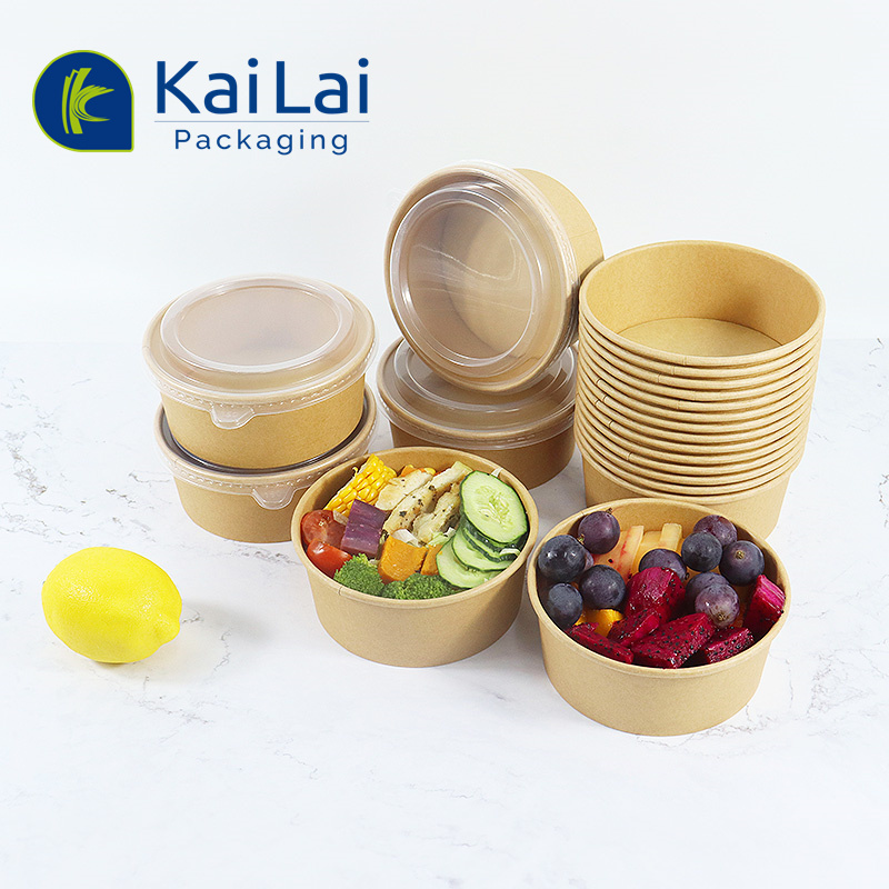 Disposable Take away Kraft Paper Salad Bowl with PET Lid Kraft Paper ...