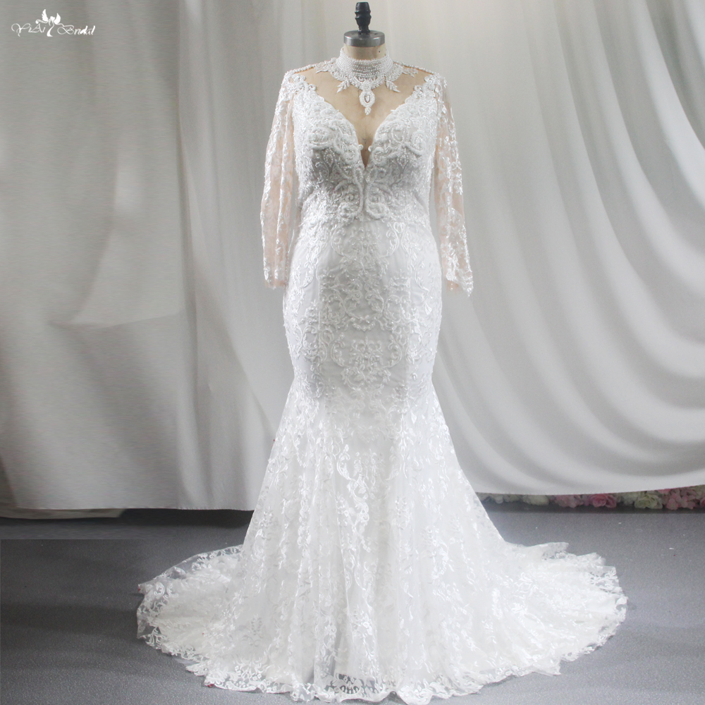 2 In 1 Mermaid Wedding Dresses Detachable Train Long Sleeves High