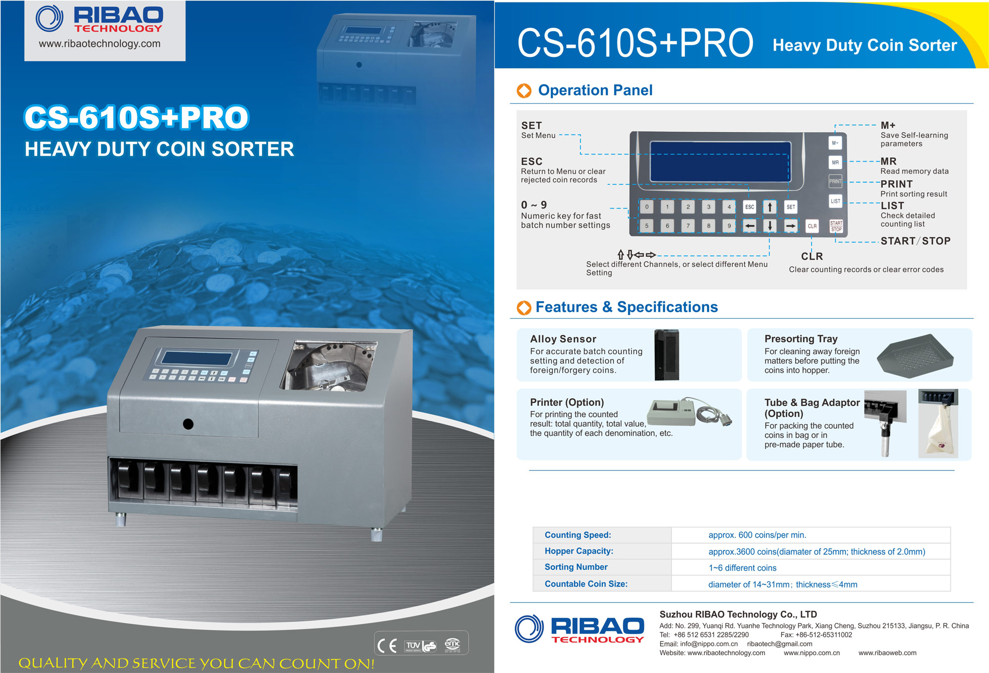 Heavy Duty Coin Counter and Sorter 6+1 pockets reject pocket CS-610S+PRO Suzhou Ribao Technology