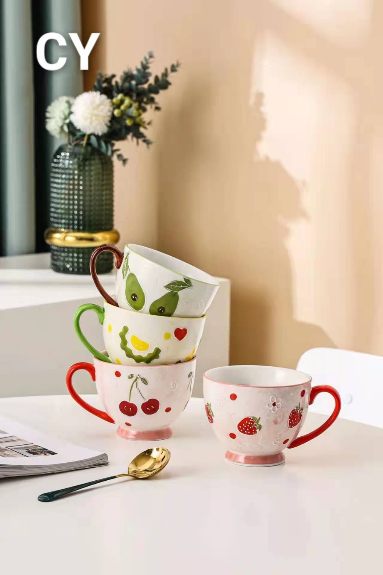 Hand painted relief fruit underglaze color ceramic mug