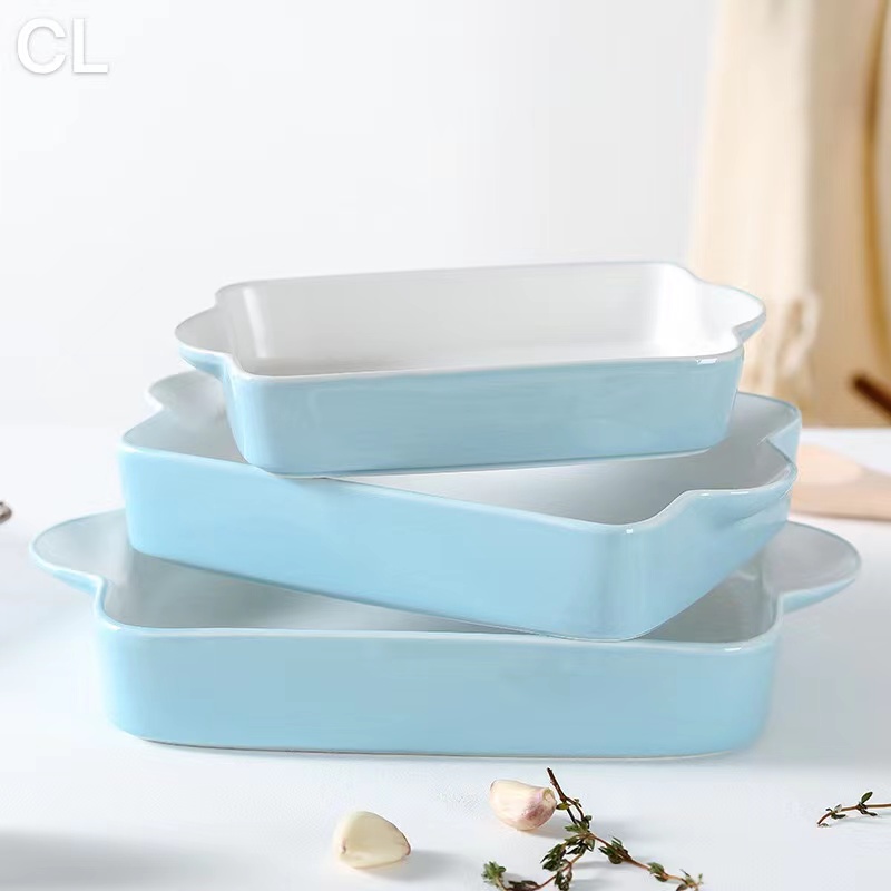 Creative double ear ceramic baking plate set household color glaze ...