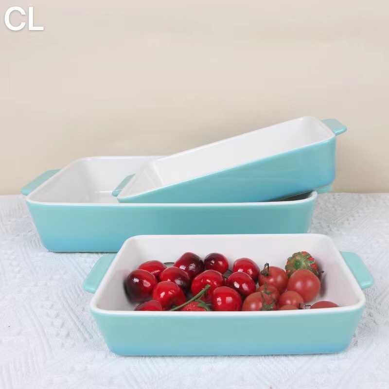 Creative double ear ceramic baking plate set household color glaze ...