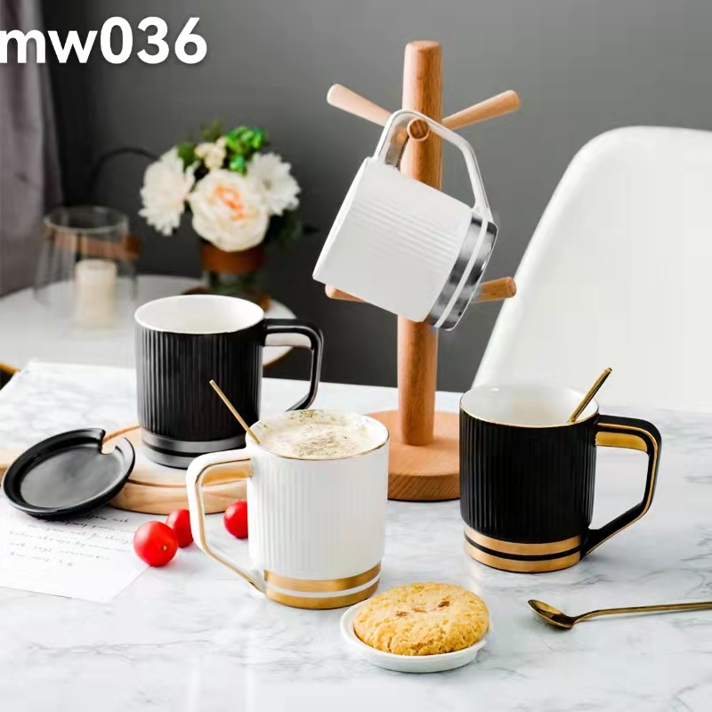 Black and white striped relief gold handle gold edged ceramic coffee ...