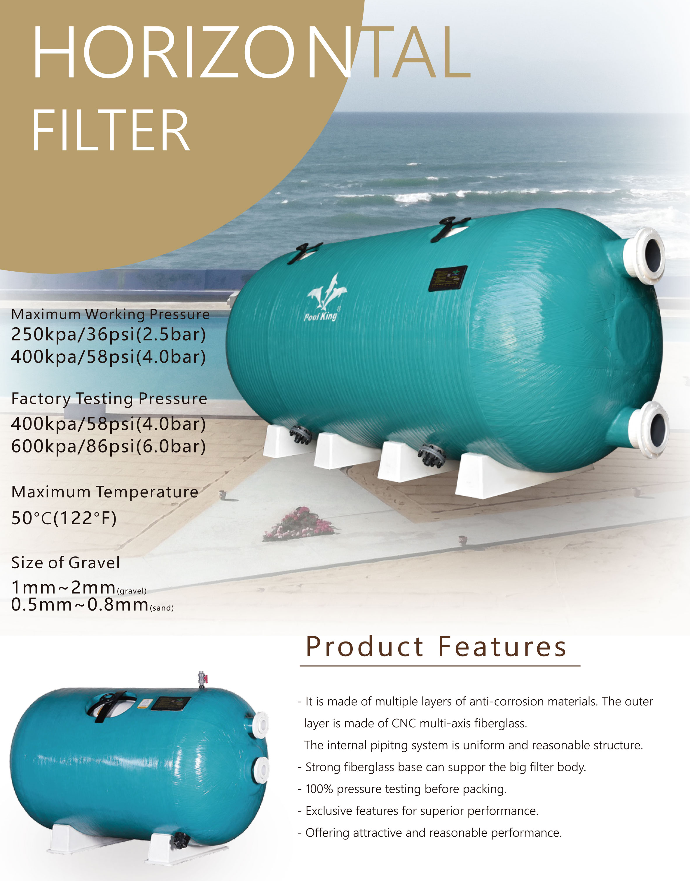 Poolking Horizontal Sand Filter From 1200~3000mm For Olympic Pools