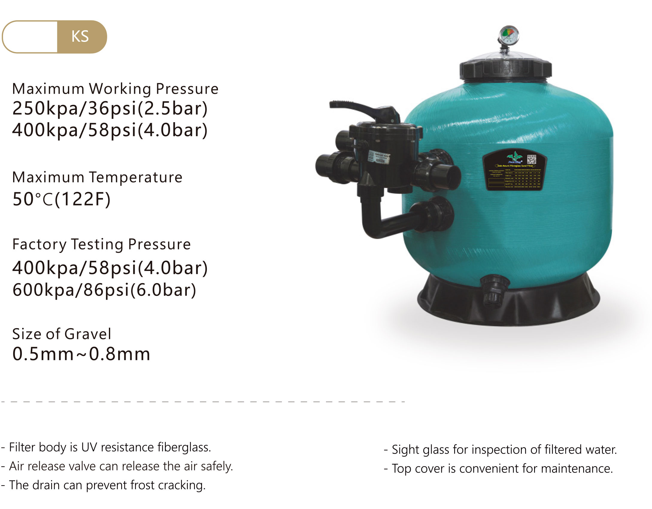 Poolking Fiberglass Sidemount Sand Filter From 450~900mm For Spa Pools