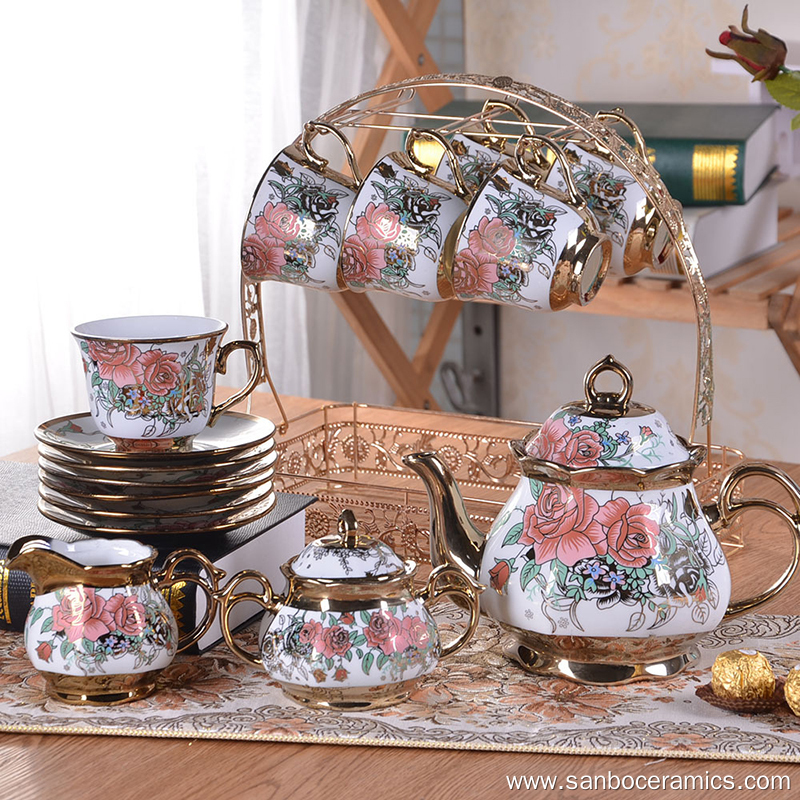 European ceramic tea set porcelain tea set with metal holder flower tea ...