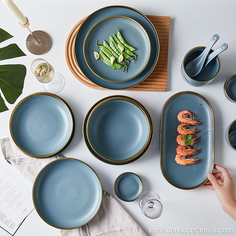 Nordic ceramic restaurant dinnerware set gold edged matte gray blue for ...