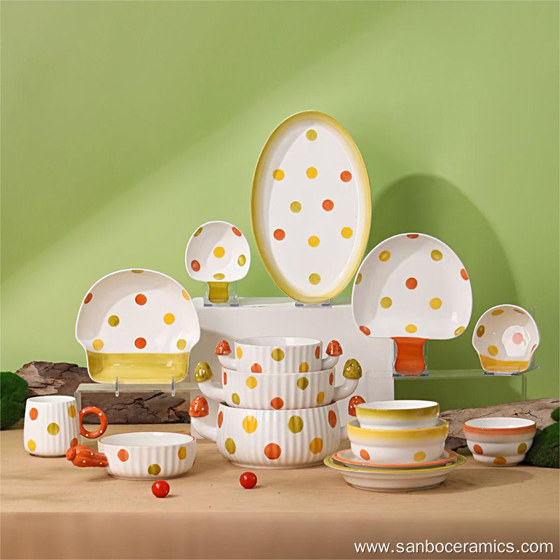 Creative mushroom embossed ceramic dinnerware set cute plate and bowl ...