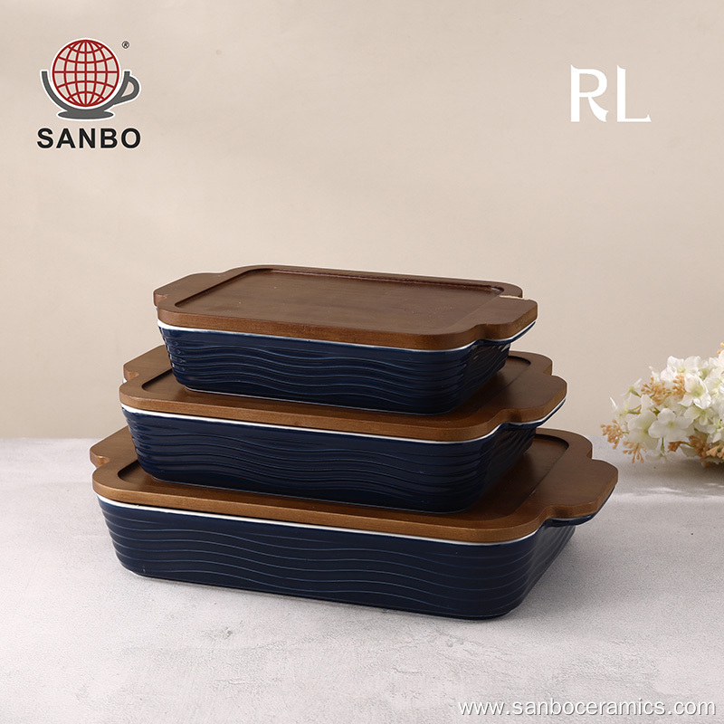 Customized ceramic rectangular baking dishes and pans with bamboo lid ...