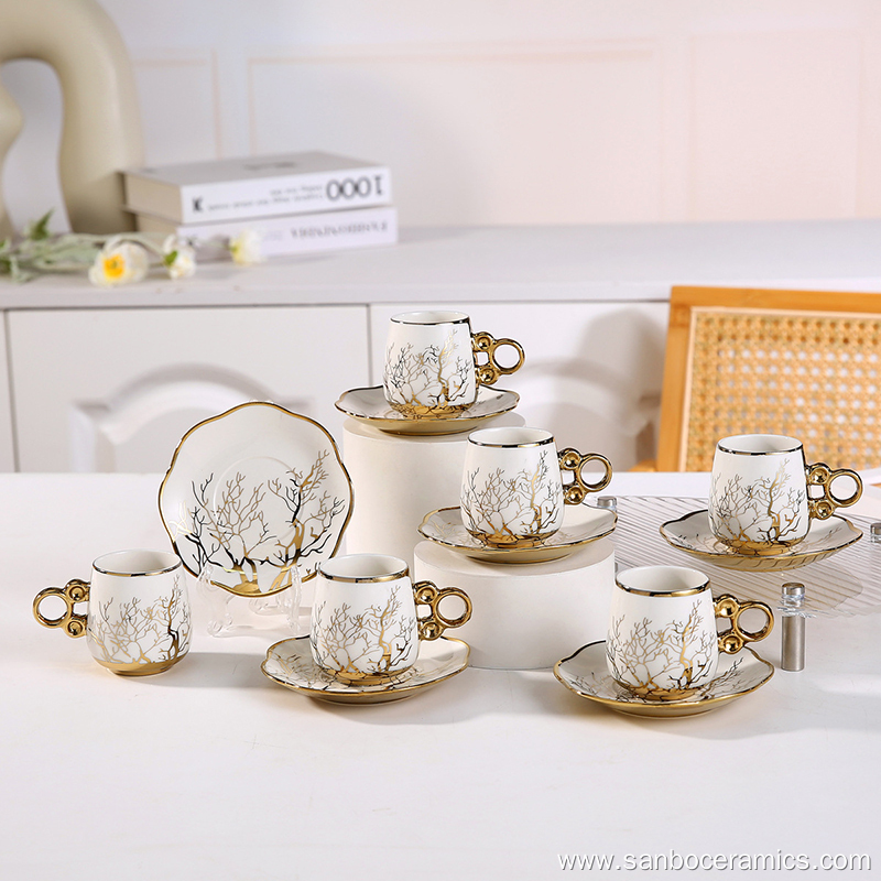 Gold edge ceramic coffee cup and saucers porcelain electroplating decal ...